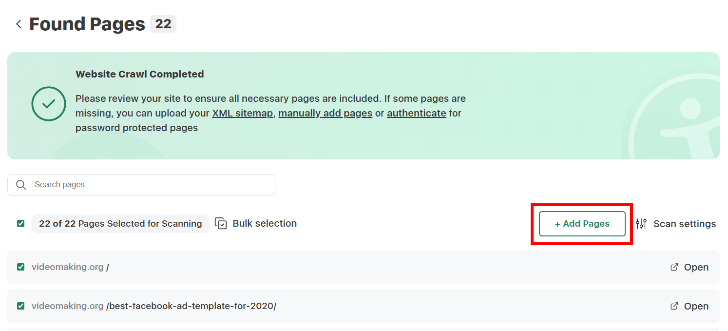 Selecting and Adding Pages to Your Scan - AccessibilityChecker